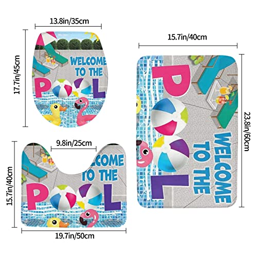 3 Pieces Bathroom Rugs Set Flamingo and Swimming Pool Print 3 Pieces Bathroom Rugs Set Bath Mat+Contour+Toilet Lid Cover Bathroom Antiskid Pad