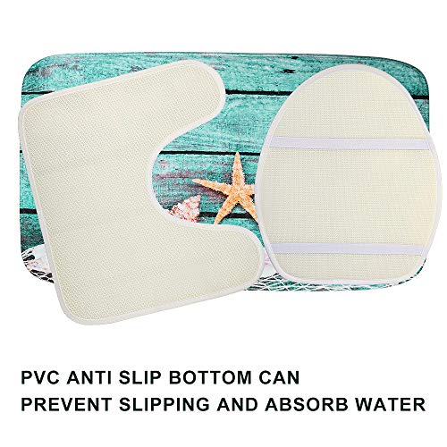 3 Piece Bath Rugs Mat Set, Bath Mat for Bathroom, Bathroom Mats Rugs Flannel Mats, Machine Washable Carpets Floor Mat for Bathroom Kitchen, Tub Toilet Contour Mat Lid Cover, Beach Starfish Decorations