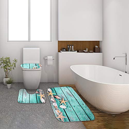 3 Piece Bath Rugs Mat Set, Bath Mat for Bathroom, Bathroom Mats Rugs Flannel Mats, Machine Washable Carpets Floor Mat for Bathroom Kitchen, Tub Toilet Contour Mat Lid Cover, Beach Starfish Decorations