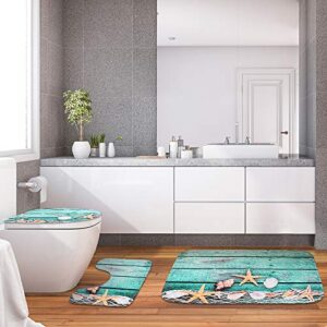 3 Piece Bath Rugs Mat Set, Bath Mat for Bathroom, Bathroom Mats Rugs Flannel Mats, Machine Washable Carpets Floor Mat for Bathroom Kitchen, Tub Toilet Contour Mat Lid Cover, Beach Starfish Decorations