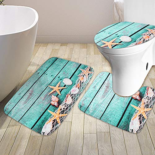 3 Piece Bath Rugs Mat Set, Bath Mat for Bathroom, Bathroom Mats Rugs Flannel Mats, Machine Washable Carpets Floor Mat for Bathroom Kitchen, Tub Toilet Contour Mat Lid Cover, Beach Starfish Decorations