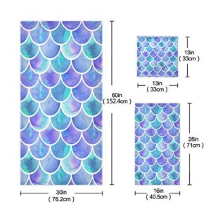 Vdsrup Mermaid Scales Bathroom Towels Set of 3 Magic Rainbow Scale Bath Hand Towel Soft Washcloth Beach Face Guest Towel Kitchen Tea Dish Towels Housewarming Gifts