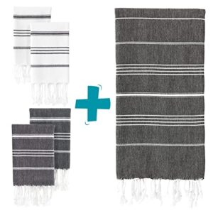 wetcat bundle: turkish hand towels (20 x 30, set of 2) and turkish bath towel (38 x 71) - 100% cotton, prewashed for soft feel - black and white hand towels & black bathroom towels