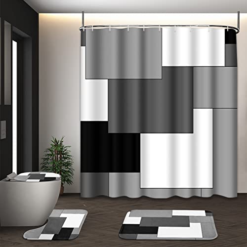 Tayney Grey Geometric Shower Curtain Sets with Toilet Lid Cover and Non-Slip Rugs for Bathroom, Black White Checkered 4 Pcs Shower Curtain Set, Modern Abstract Bathroom Set with 12 Hooks