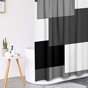 Tayney Grey Geometric Shower Curtain Sets with Toilet Lid Cover and Non-Slip Rugs for Bathroom, Black White Checkered 4 Pcs Shower Curtain Set, Modern Abstract Bathroom Set with 12 Hooks