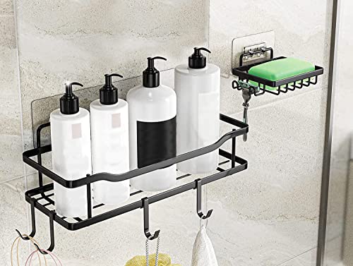 RIGEL STAR Shower Caddy with Soap Dish + 4Hooks, Adhesive Organizer, No Drilling Shelf, Rustproof Stainless Steel Rack With Soap Dish for Bathroom and Kitchen Storage, Matte Black