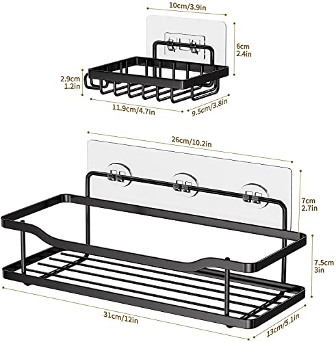 RIGEL STAR Shower Caddy with Soap Dish + 4Hooks, Adhesive Organizer, No Drilling Shelf, Rustproof Stainless Steel Rack With Soap Dish for Bathroom and Kitchen Storage, Matte Black