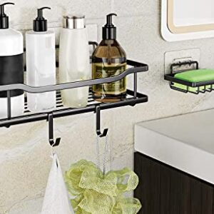 RIGEL STAR Shower Caddy with Soap Dish + 4Hooks, Adhesive Organizer, No Drilling Shelf, Rustproof Stainless Steel Rack With Soap Dish for Bathroom and Kitchen Storage, Matte Black