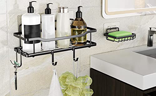 RIGEL STAR Shower Caddy with Soap Dish + 4Hooks, Adhesive Organizer, No Drilling Shelf, Rustproof Stainless Steel Rack With Soap Dish for Bathroom and Kitchen Storage, Matte Black