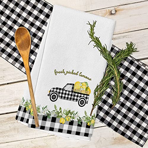 Beisseid Summer Kitchen Towels Floral Fruit Lemon Truck Dish Towels Dishcloth Fingertip Hand Towels Cloth Black Buffalo Plaid Soft Cotton Tea Towel 18x28in