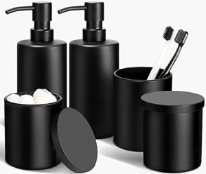 mierting bathroom accessories set 5 pcs, matte black bathroom accessory set, glass soap dispenser and toothbrush holder set, qtip holder and cotton ball holder, modern bathroom decor sets