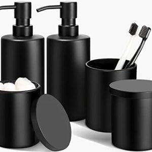 MIERTING Bathroom Accessories Set 5 Pcs, Matte Black Bathroom Accessory Set, Glass Soap Dispenser and Toothbrush Holder Set, Qtip Holder and Cotton Ball Holder, Modern Bathroom Decor Sets