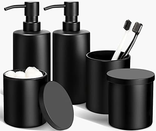 MIERTING Bathroom Accessories Set 5 Pcs, Matte Black Bathroom Accessory Set, Glass Soap Dispenser and Toothbrush Holder Set, Qtip Holder and Cotton Ball Holder, Modern Bathroom Decor Sets