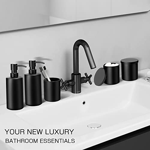 MIERTING Bathroom Accessories Set 5 Pcs, Matte Black Bathroom Accessory Set, Glass Soap Dispenser and Toothbrush Holder Set, Qtip Holder and Cotton Ball Holder, Modern Bathroom Decor Sets