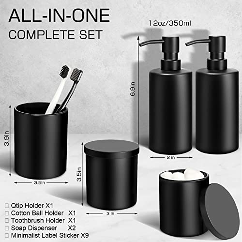 MIERTING Bathroom Accessories Set 5 Pcs, Matte Black Bathroom Accessory Set, Glass Soap Dispenser and Toothbrush Holder Set, Qtip Holder and Cotton Ball Holder, Modern Bathroom Decor Sets