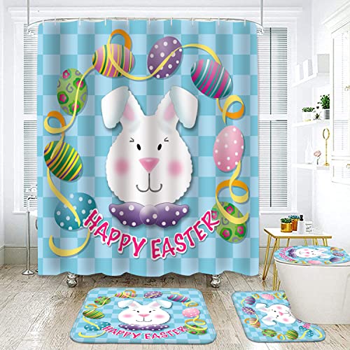 RLHHUG Easter Bunny Shower Curtain Sets with Rugs, Cute Shower Curtain 72x72In for Bathroom Decor, Waterproof Durable Shower Curtain with Hooks, Bath Mat, Toilet Contour Mat and Lid Cover