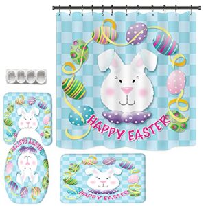 RLHHUG Easter Bunny Shower Curtain Sets with Rugs, Cute Shower Curtain 72x72In for Bathroom Decor, Waterproof Durable Shower Curtain with Hooks, Bath Mat, Toilet Contour Mat and Lid Cover