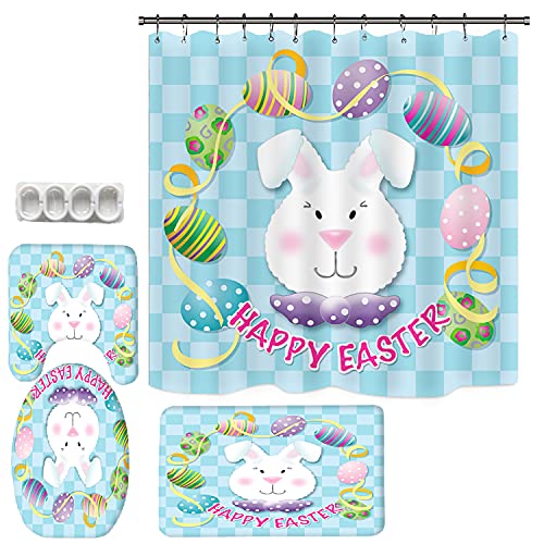 RLHHUG Easter Bunny Shower Curtain Sets with Rugs, Cute Shower Curtain 72x72In for Bathroom Decor, Waterproof Durable Shower Curtain with Hooks, Bath Mat, Toilet Contour Mat and Lid Cover