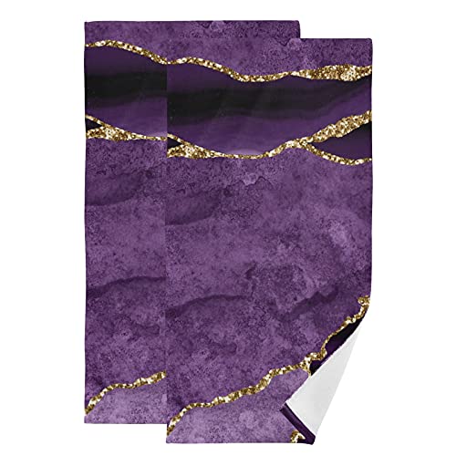 Purple Gold Agate Pattern Face Towels for Skincare washcloths 2 Pack, Dish Towel for Kitchen Fingertip Bath Towels