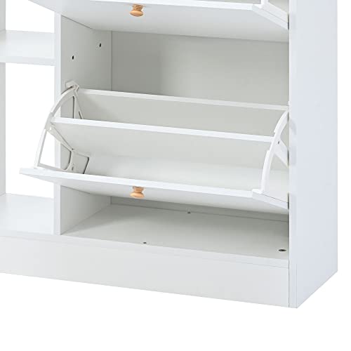 Mancofy Modern Shoe Storage Cabinet with 4 Flip Drawers & Locker, Wood Shoe Organizer, Multifunctional Shoe Storage Organizer with Drawers, Free Standing Shoe Rack for Entrance Hallway (White)