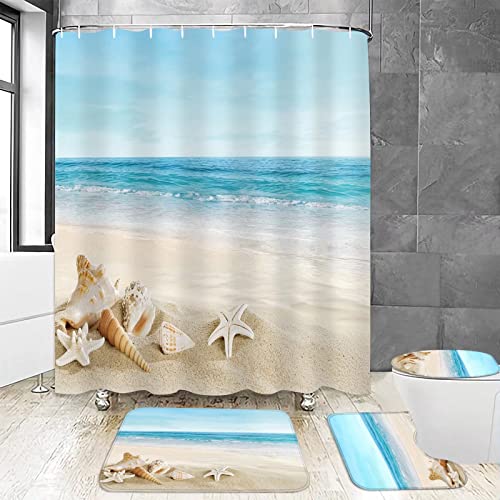 4Pcs Summer Beach Shower Curtain Sets Sea Ocean Bathroom Set Decor with Non-Slip Rugs Bath U-Shaped Mat Toilet Lid Cover Waterproof Starfish Shell Bathroom Curtain Shower Set with 12 Hooks, 70.8×70.8