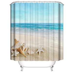 4Pcs Summer Beach Shower Curtain Sets Sea Ocean Bathroom Set Decor with Non-Slip Rugs Bath U-Shaped Mat Toilet Lid Cover Waterproof Starfish Shell Bathroom Curtain Shower Set with 12 Hooks, 70.8×70.8