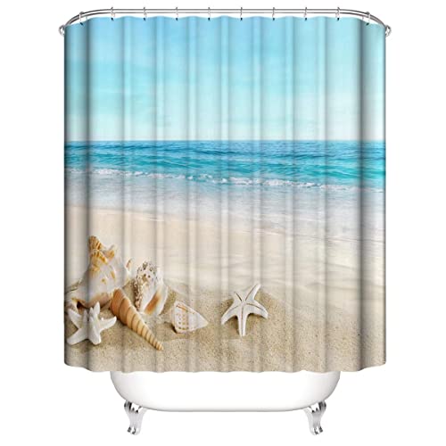 4Pcs Summer Beach Shower Curtain Sets Sea Ocean Bathroom Set Decor with Non-Slip Rugs Bath U-Shaped Mat Toilet Lid Cover Waterproof Starfish Shell Bathroom Curtain Shower Set with 12 Hooks, 70.8×70.8