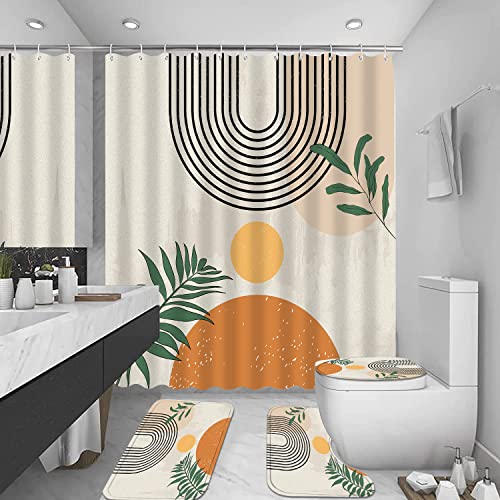 FZDHHY Mid Century Shower Curtain Set Boho Shower Curtain Set with Rugs,Abstract Bathroom Decor Accessories Waterproof Shower Curtain for Bathroom with Mat