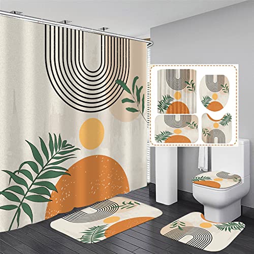 FZDHHY Mid Century Shower Curtain Set Boho Shower Curtain Set with Rugs,Abstract Bathroom Decor Accessories Waterproof Shower Curtain for Bathroom with Mat