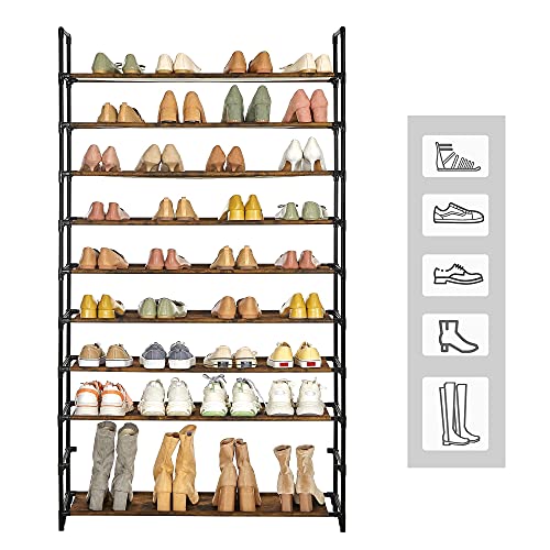 SONGMICS 10-Tier Shoe Rack, Storage Storage Organizer, Holds up to 50 Pairs, Metal Frame, Non-Woven Fabric, for Living Room, Hallway, 39.4 x 11 x 68.9 Inches, Brown ULSR010X12