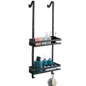 over door shower caddy for glass door, jigiu hanging bathroom storage organizer, over the door baskets stainless steel 2-tier shelves and built-in hooks for shampoo, body wash, loofahs, towel