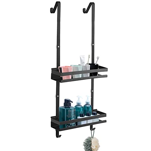 Over Door Shower Caddy for Glass Door, JiGiU Hanging Bathroom Storage Organizer, Over the Door Baskets Stainless Steel 2-Tier Shelves and Built-in Hooks for Shampoo, Body Wash, Loofahs, Towel