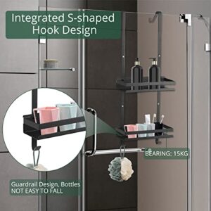 Over Door Shower Caddy for Glass Door, JiGiU Hanging Bathroom Storage Organizer, Over the Door Baskets Stainless Steel 2-Tier Shelves and Built-in Hooks for Shampoo, Body Wash, Loofahs, Towel