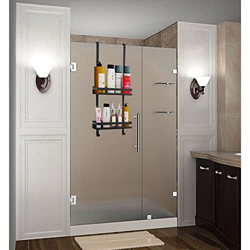 Over Door Shower Caddy for Glass Door, JiGiU Hanging Bathroom Storage Organizer, Over the Door Baskets Stainless Steel 2-Tier Shelves and Built-in Hooks for Shampoo, Body Wash, Loofahs, Towel