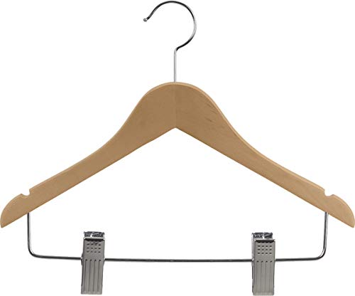 Wooden Junior Combo Hanger with Adjustable Cushion Clips, Box of 24 Flat 14 inch Hangers with Natural Finish, Notches and Chrome Swivel Hook by The Great American Hanger Company