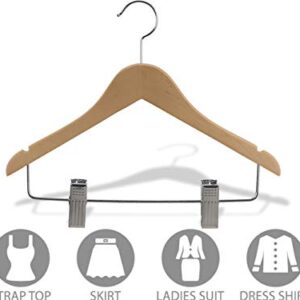 Wooden Junior Combo Hanger with Adjustable Cushion Clips, Box of 24 Flat 14 inch Hangers with Natural Finish, Notches and Chrome Swivel Hook by The Great American Hanger Company