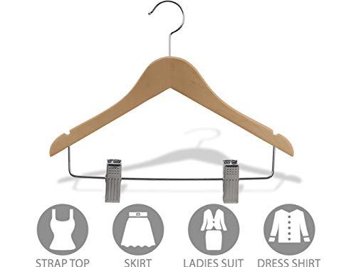 Wooden Junior Combo Hanger with Adjustable Cushion Clips, Box of 24 Flat 14 inch Hangers with Natural Finish, Notches and Chrome Swivel Hook by The Great American Hanger Company