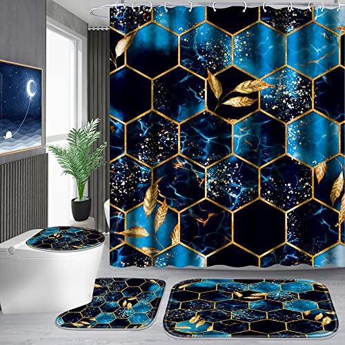 Poedist 4 Pcs Bathroom Shower Curtain Set,Bathroom Sets with Rugs(Bath Mat,U Shape and Toilet Lid Cover Mat) and 12 Hooks,Sky Blue Honeycomb Marble