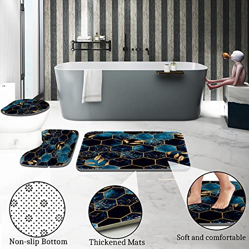 Poedist 4 Pcs Bathroom Shower Curtain Set,Bathroom Sets with Rugs(Bath Mat,U Shape and Toilet Lid Cover Mat) and 12 Hooks,Sky Blue Honeycomb Marble