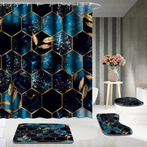 Poedist 4 Pcs Bathroom Shower Curtain Set,Bathroom Sets with Rugs(Bath Mat,U Shape and Toilet Lid Cover Mat) and 12 Hooks,Sky Blue Honeycomb Marble