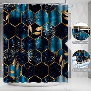 Poedist 4 Pcs Bathroom Shower Curtain Set,Bathroom Sets with Rugs(Bath Mat,U Shape and Toilet Lid Cover Mat) and 12 Hooks,Sky Blue Honeycomb Marble