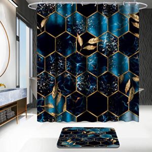 Poedist 4 Pcs Bathroom Shower Curtain Set,Bathroom Sets with Rugs(Bath Mat,U Shape and Toilet Lid Cover Mat) and 12 Hooks,Sky Blue Honeycomb Marble