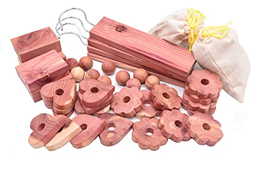 Wahdawn Fresh Aromatic Cedar Wood Blocks for Clothes Storage, Natural Red Cedar Value of Balls Hangers Rings Planks and Chips Sachets (40 Items)