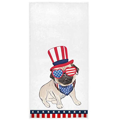 Patriotic Pug Dog Hand Towels 16x30 in USA Flag Striped Bathroom Towel Soft Absorbent Small Puppy in Glasses Hat Bath Towel Kitchen Dish Guest Towel Home Independence Memorial Day Decorations