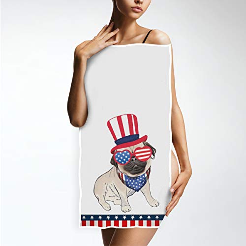 Patriotic Pug Dog Hand Towels 16x30 in USA Flag Striped Bathroom Towel Soft Absorbent Small Puppy in Glasses Hat Bath Towel Kitchen Dish Guest Towel Home Independence Memorial Day Decorations