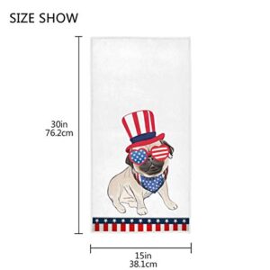 Patriotic Pug Dog Hand Towels 16x30 in USA Flag Striped Bathroom Towel Soft Absorbent Small Puppy in Glasses Hat Bath Towel Kitchen Dish Guest Towel Home Independence Memorial Day Decorations