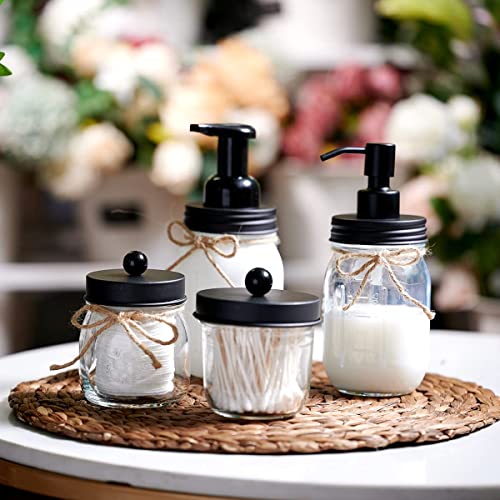 Mason Jar Bathroom Accessories Set(4 Pack) - Foaming Soap Dispenser&Qtip Holder Set&Toothbrush Holder-Rustic Farmhouse Decor Bathroom Organizer Apothecary Jar Country Countertop (Black)