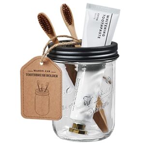 Mason Jar Bathroom Accessories Set(4 Pack) - Foaming Soap Dispenser&Qtip Holder Set&Toothbrush Holder-Rustic Farmhouse Decor Bathroom Organizer Apothecary Jar Country Countertop (Black)