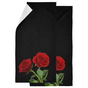 naanle 2 piece 3d beautiful couple red rose flower absorbent soft fluffy guest hand towels, multipurpose decor for bathroom, hotel, gym and spa (14" x 28",black)