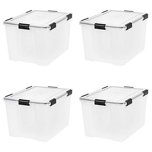 IRIS USA 110586 74 Quart Clear Plastic Weathertight Stackable Buckle Down Storage Latch Box Container for Home or Office Organization (4 Pack)